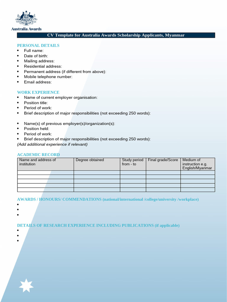 Australia Awards Myanmar CV Template Intake 2026 | PDF