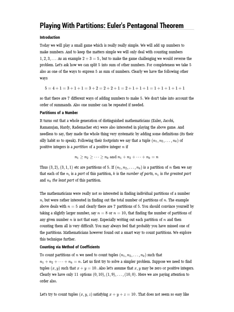 Playing With Partitions - Euler's Pentagonal Formula | PDF | Numbers ...