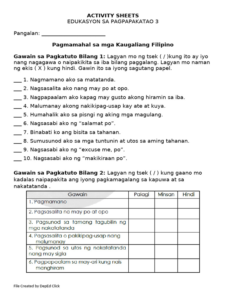 ESP 3 Activity Sheet Q3 W1 | PDF