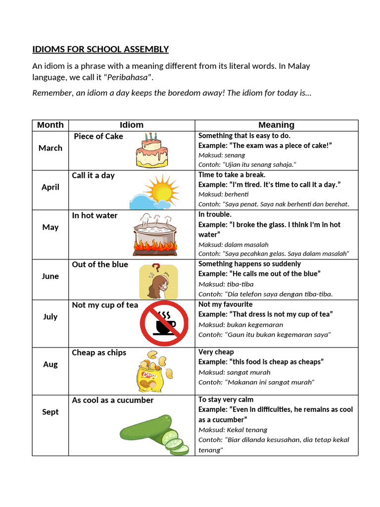 IDIOMS FOR SCHOOL ASSEMBLY (March - Dec) | PDF | Linguistics