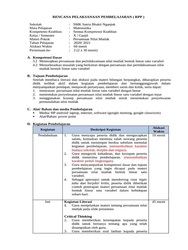RPP MAT KELAS X NILAI MUTLAK 2 | PDF