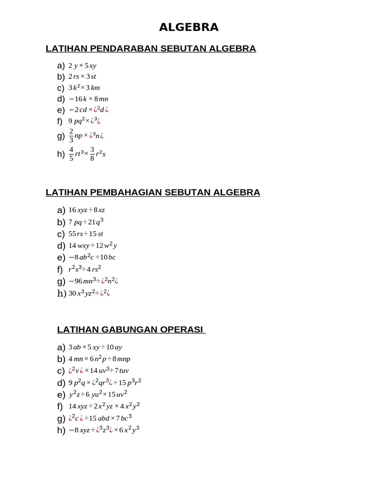Latihan Algebra (Darab & Bahagi) | PDF