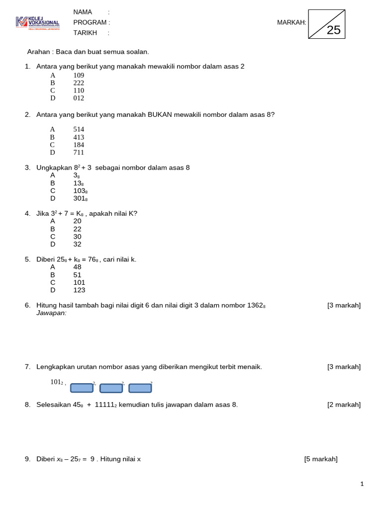 Kuiz Asas Nombor 1 | PDF