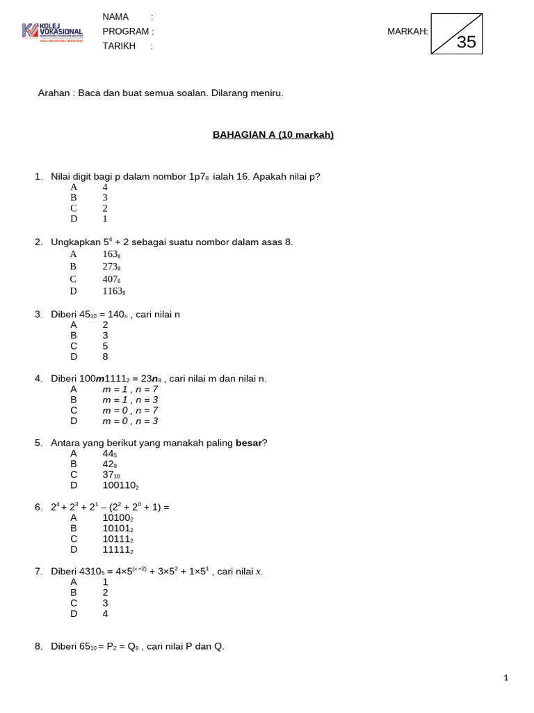 Kuiz Asas Nombor 2 | PDF