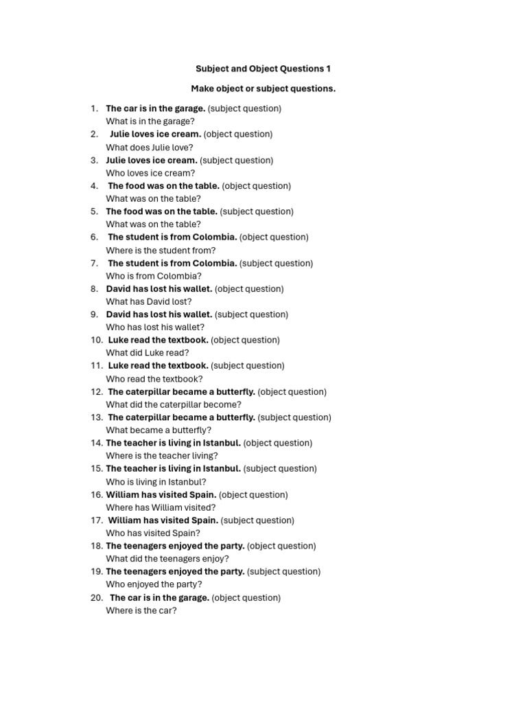 Subject and Object Question Examples | PDF