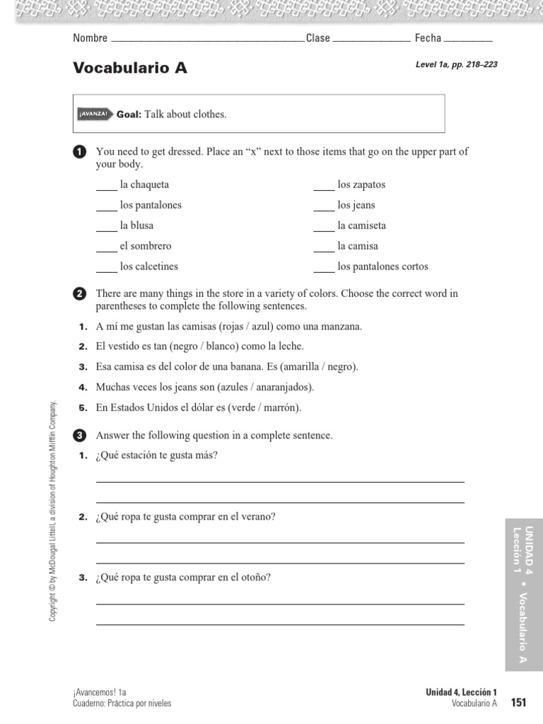 Workbook Cuaderno Unidad 4 Leccion 1-2 pages from 151-199 | PDF | Ropa