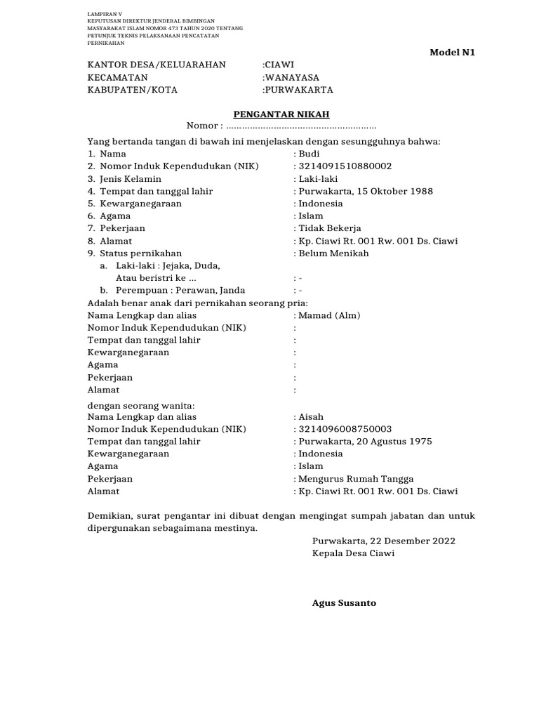Contoh Surat Pengantar Nikah N1 | PDF