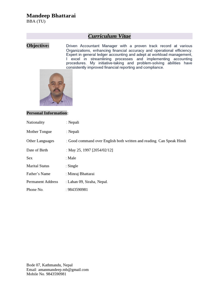 Cv Mandeep Bhattarai Pdf Audit Accounting