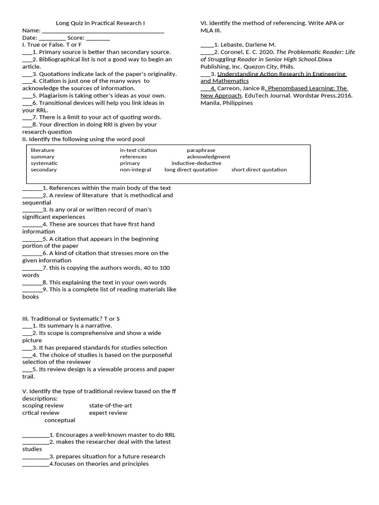 Long Quiz in RRL and Sampling | PDF | Sampling (Statistics) | Citation