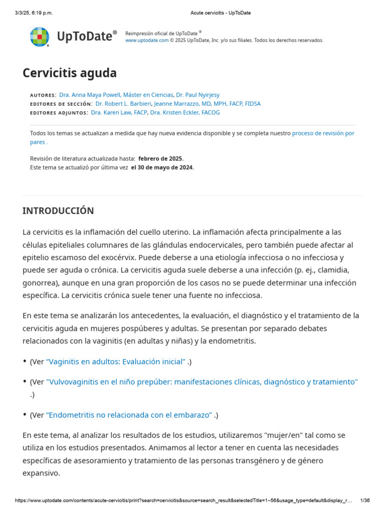 CERVICITIS AGUDA - UpToDate | PDF | Sexually Transmitted Infection | Cervical Cancer