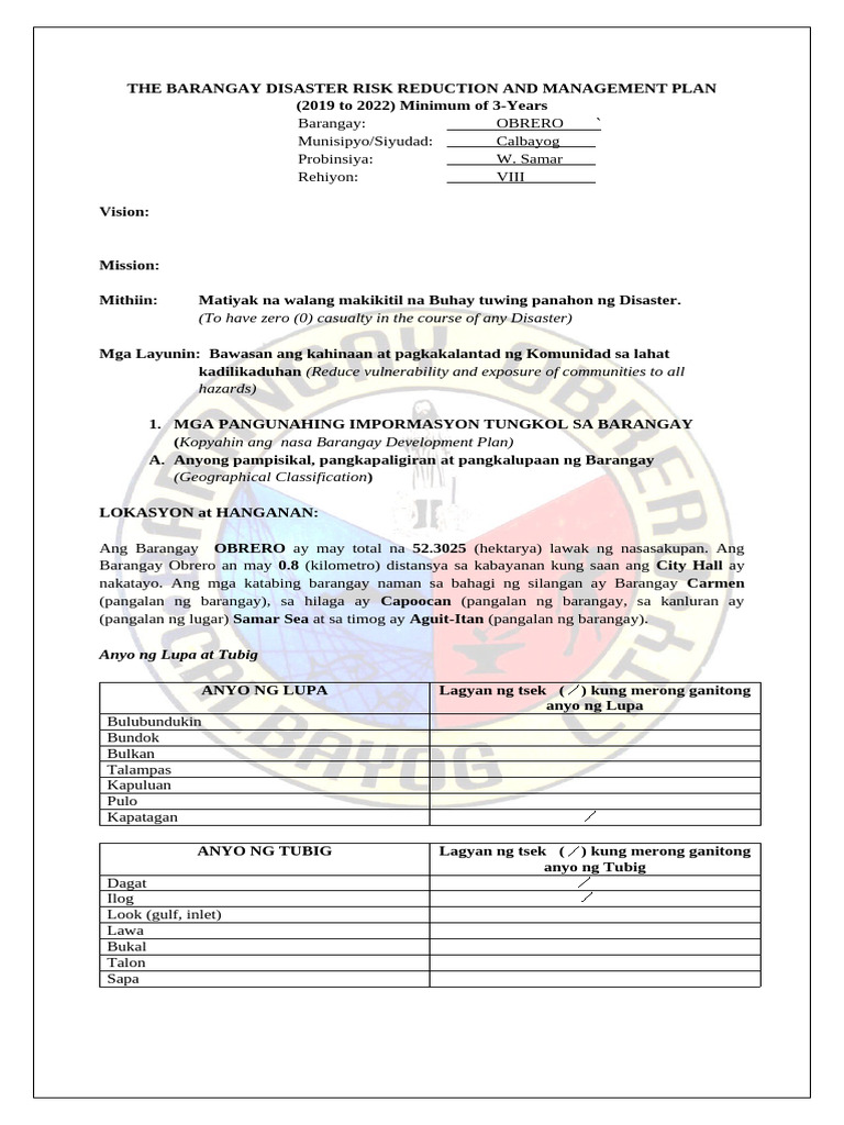 The Barangay Disaster Risk Reduction and Management Plan | PDF