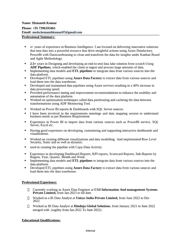 Hemanth Kumar Meda Resume 4yrs | PDF | Data Warehouse | Microsoft Sql ...