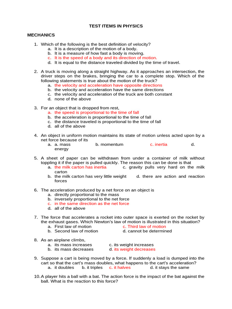 Answer Key - Physics Practice Test | PDF | Force | Heat