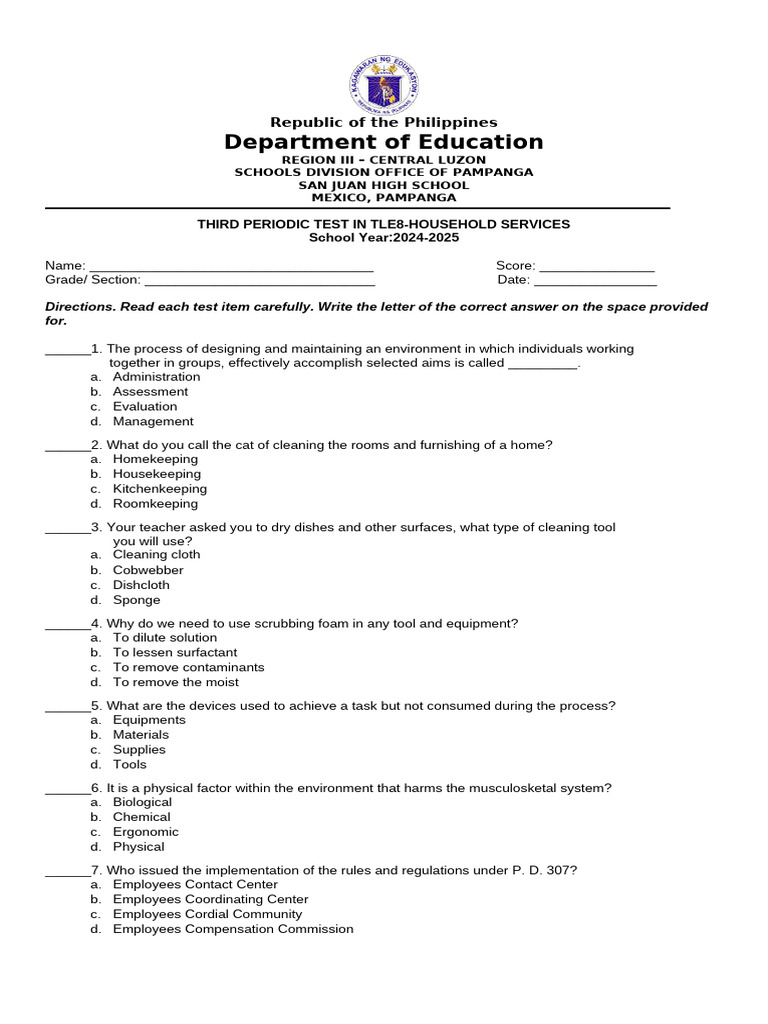 TLE 8 Household Services Test 2024-2025 | PDF | Emergency Management ...