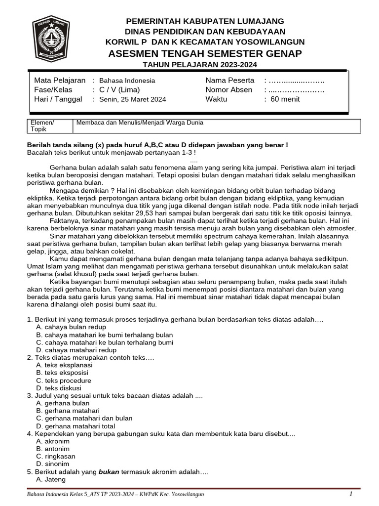 Soal Ats Bindo Kls 5 SMT 2 Fix | PDF