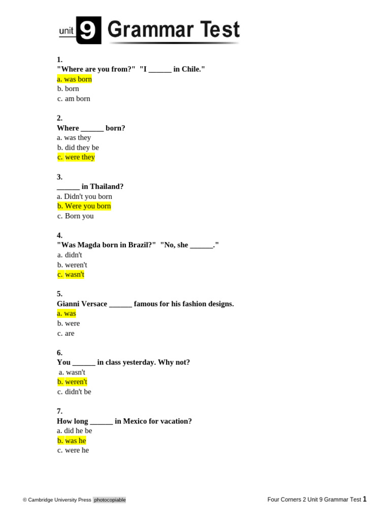 Four Corners 2 Unit 9 Grammar Test | PDF