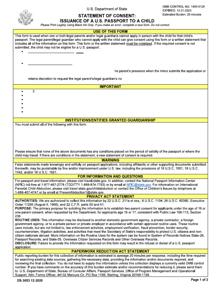 Passport Consent for Minors Form DS-2053 | PDF