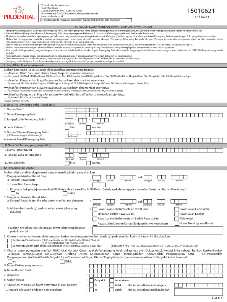 Formulir Klaim Manfaat Rawat Inap Dan Rawat Jalan Versi 2.0 | PDF