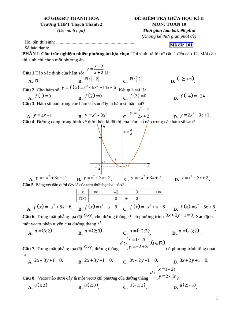 Đề Minh Họa Toán 10 GK2 | PDF