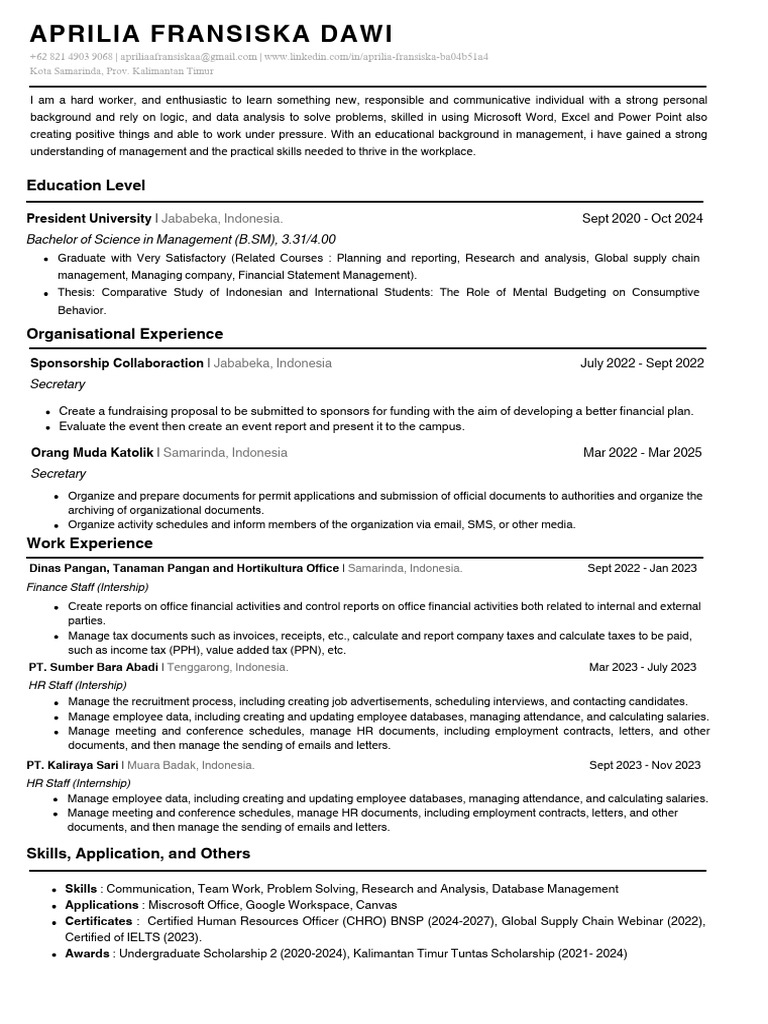 CV Aprilia Fransiska 2025 | PDF | Economies | Business