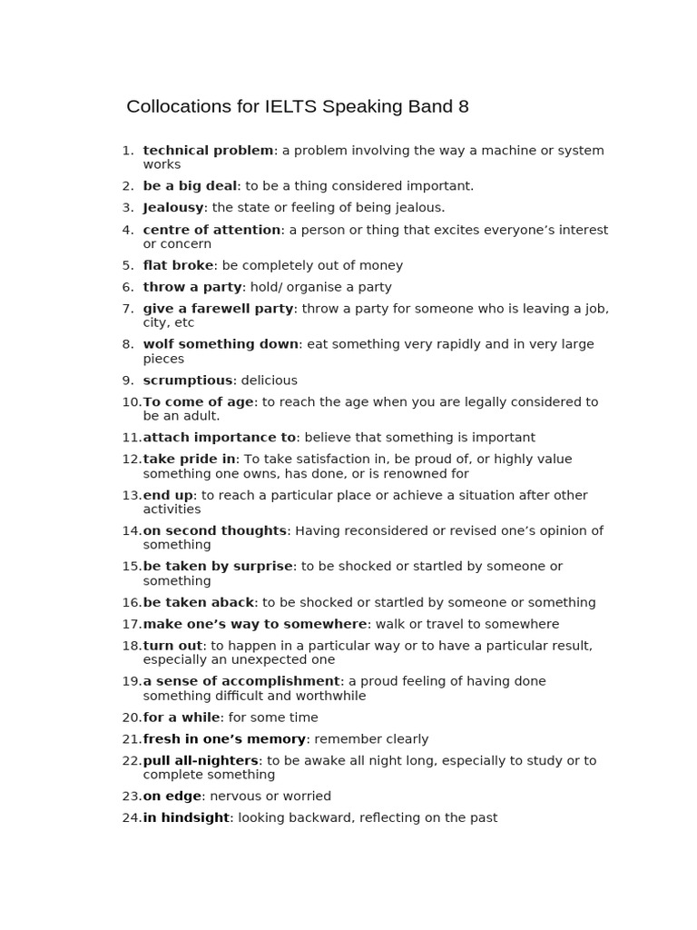 Collocations For IELTS Examination Speaking and Writing | PDF