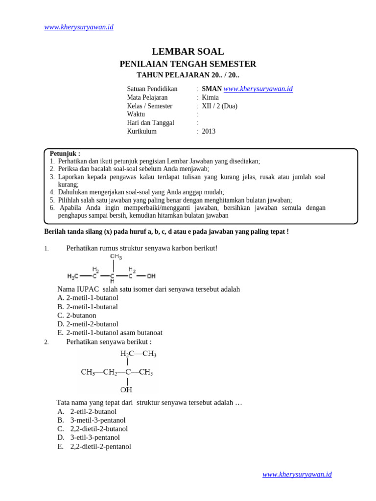 SOAL PTS 2 KIMIA KELAS XII K13 - www.kherysuryawan.id (1) | PDF