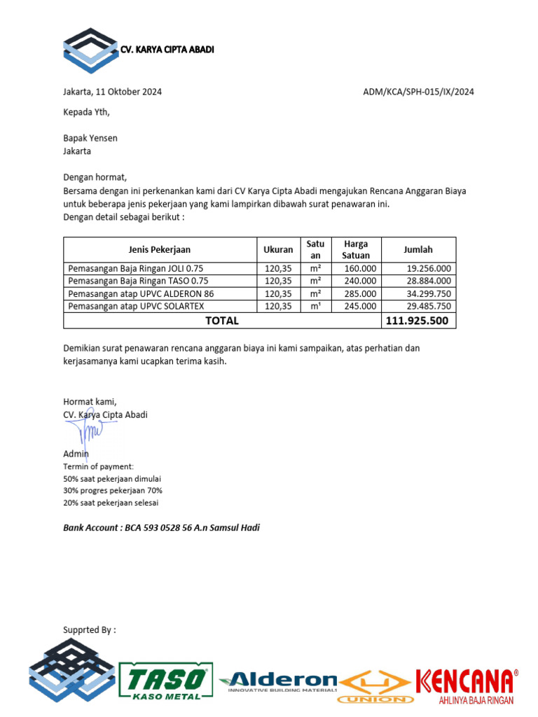 20241011_Penawaran Bapak Yensen | PDF