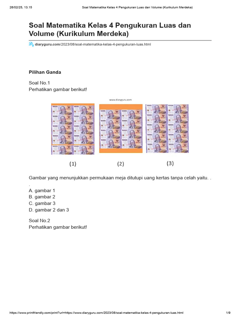 Soal Matematika Kelas 4 Pengukuran Luas Dan Volume (Kurikulum Merdeka) | PDF