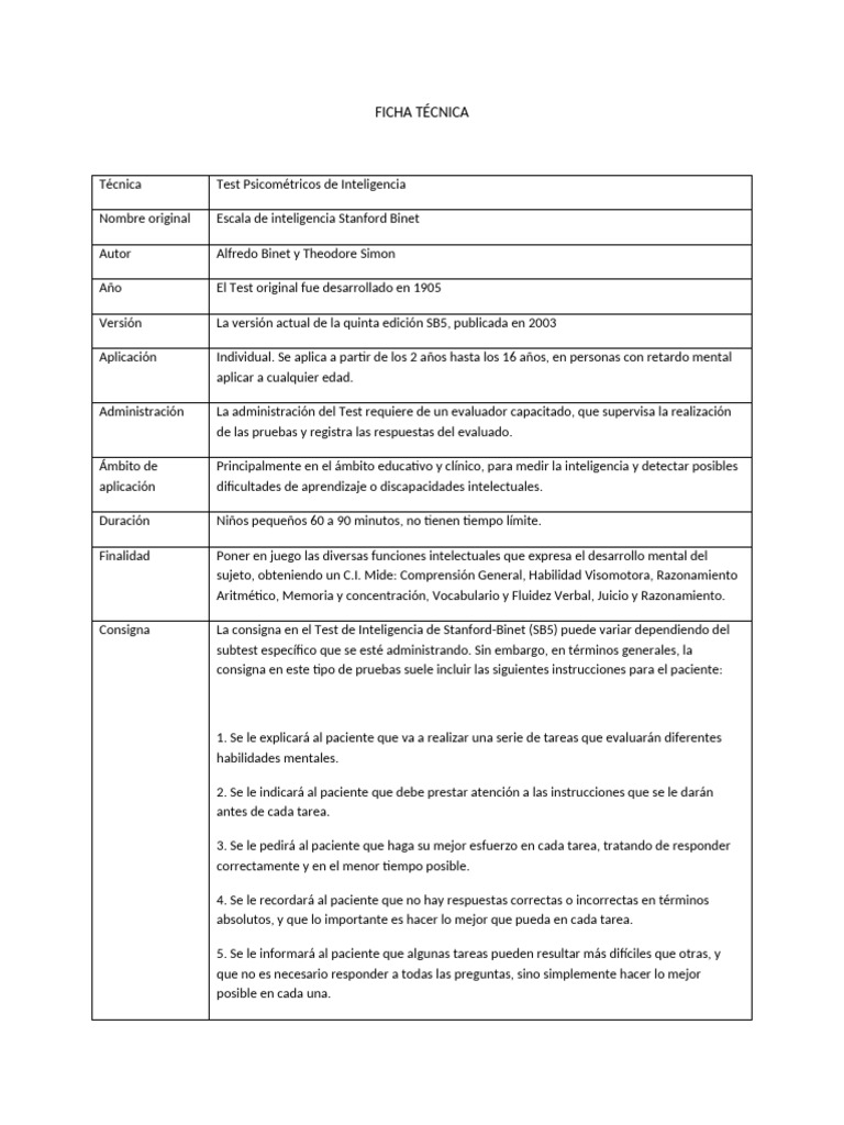 Ficha Técnica del Test Stanford-Binet | PDF | Inteligencia | Aprendizaje