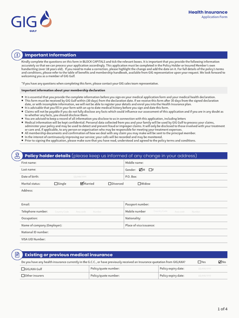 GIG Health Insurance Application Form | PDF | Insurance