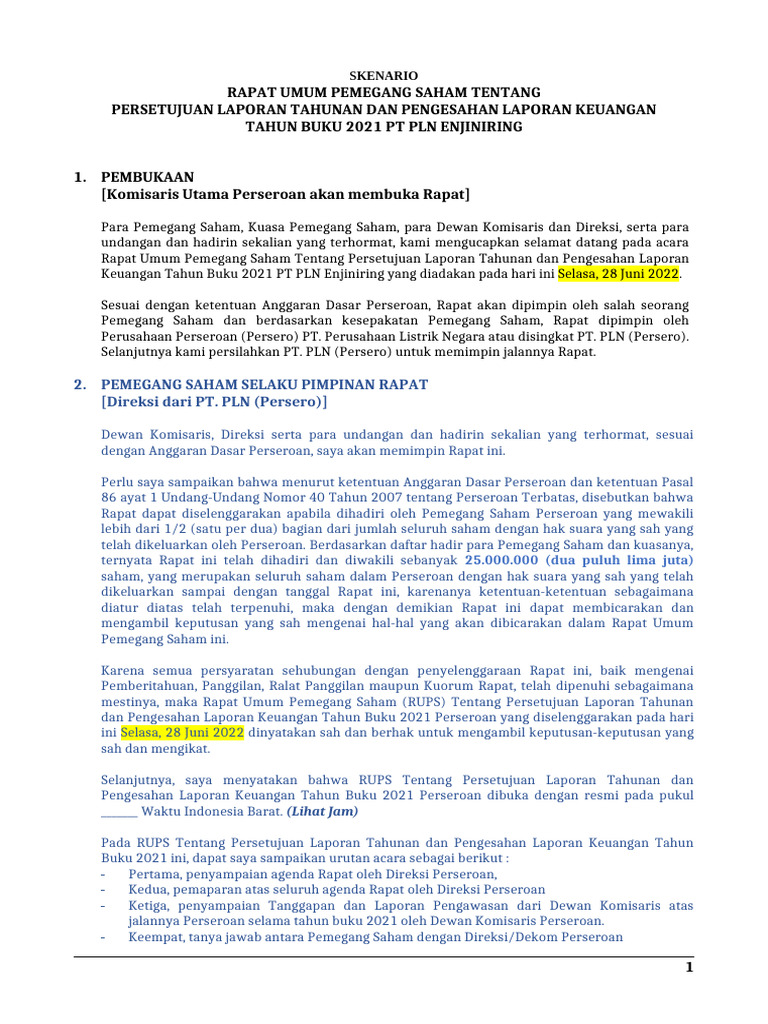 07 Draft Skenario Rups LPT 2021 AP PLN E-2 | PDF