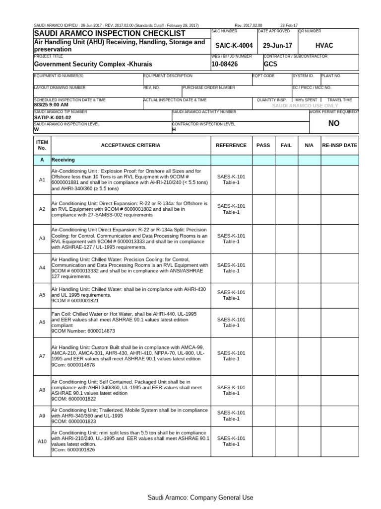 SAIC-K-4004 Air Handling Unit (AHU) Receiving, Handling, Storage and ...