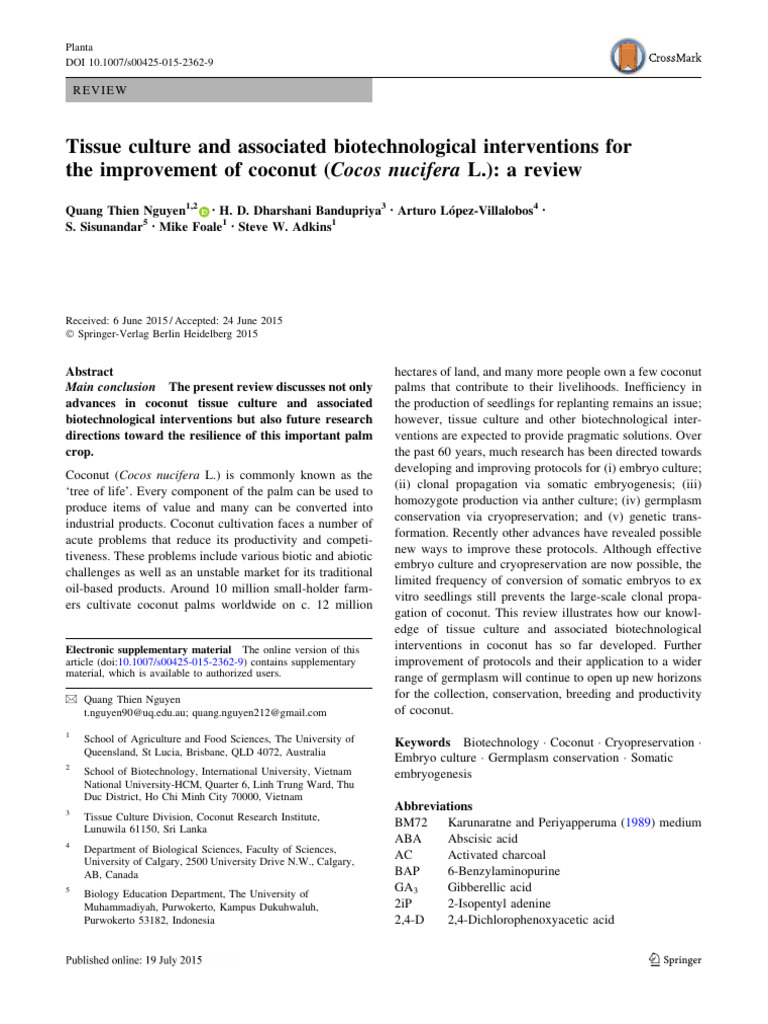 Advances in Coconut Tissue Culture | PDF | Embryo | Coconut
