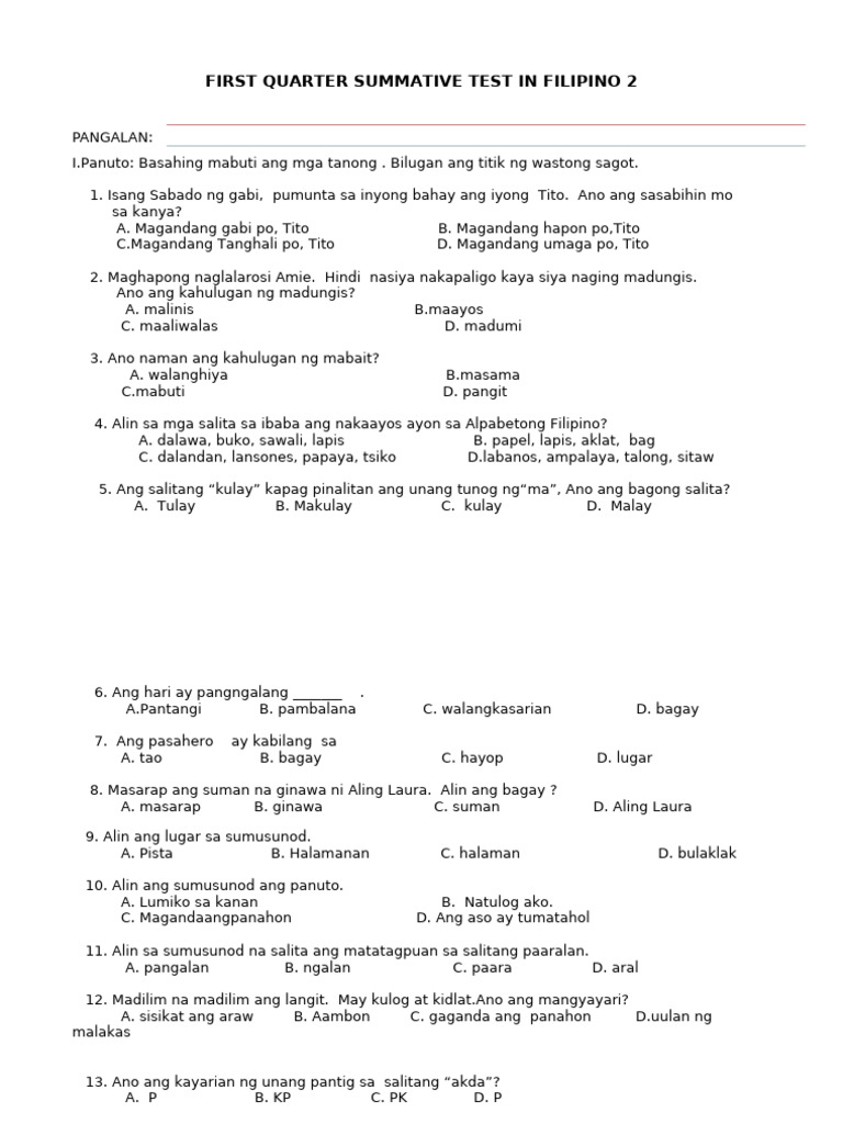 First Quarter Summative Test in Filipino 2 | PDF