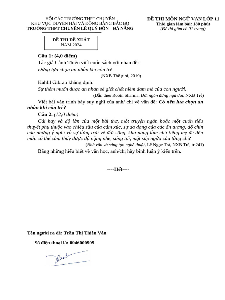 Văn 11 - de de Xuat 2024 | PDF