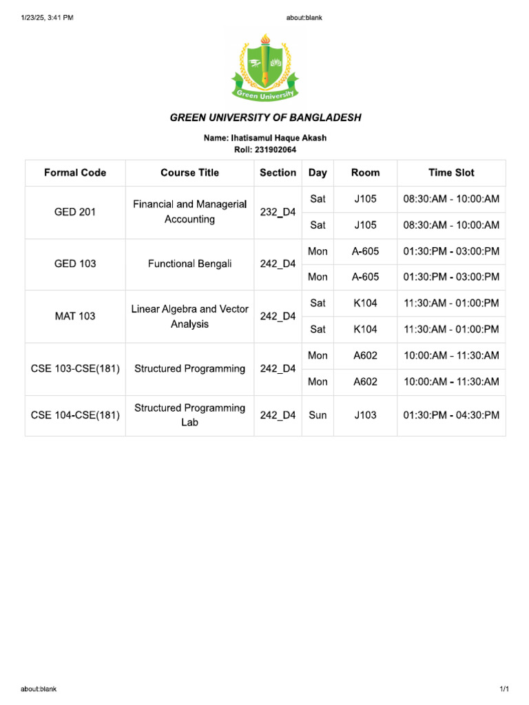 Class Routine 2025 Pdf