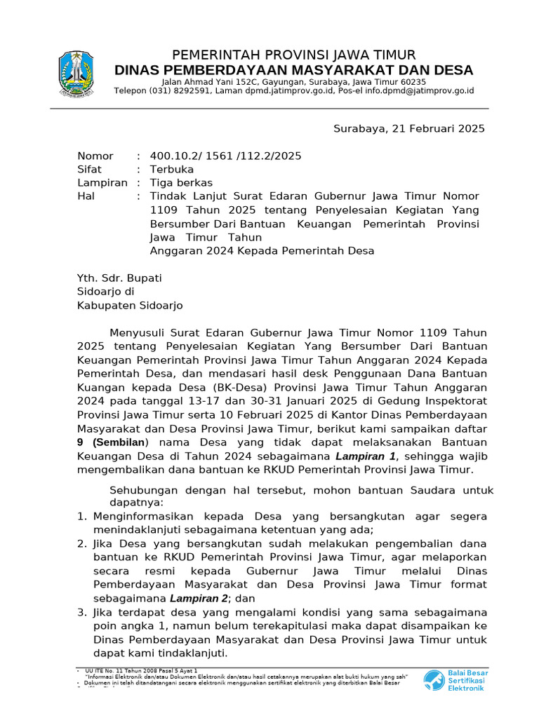 Surat Susulan SE BK-Desa 2024 Ke Sidoarjo Signed | PDF