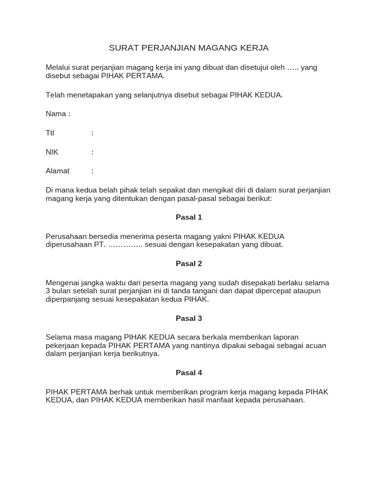 Surat Perjanjian Magang Kerja Resmi | PDF