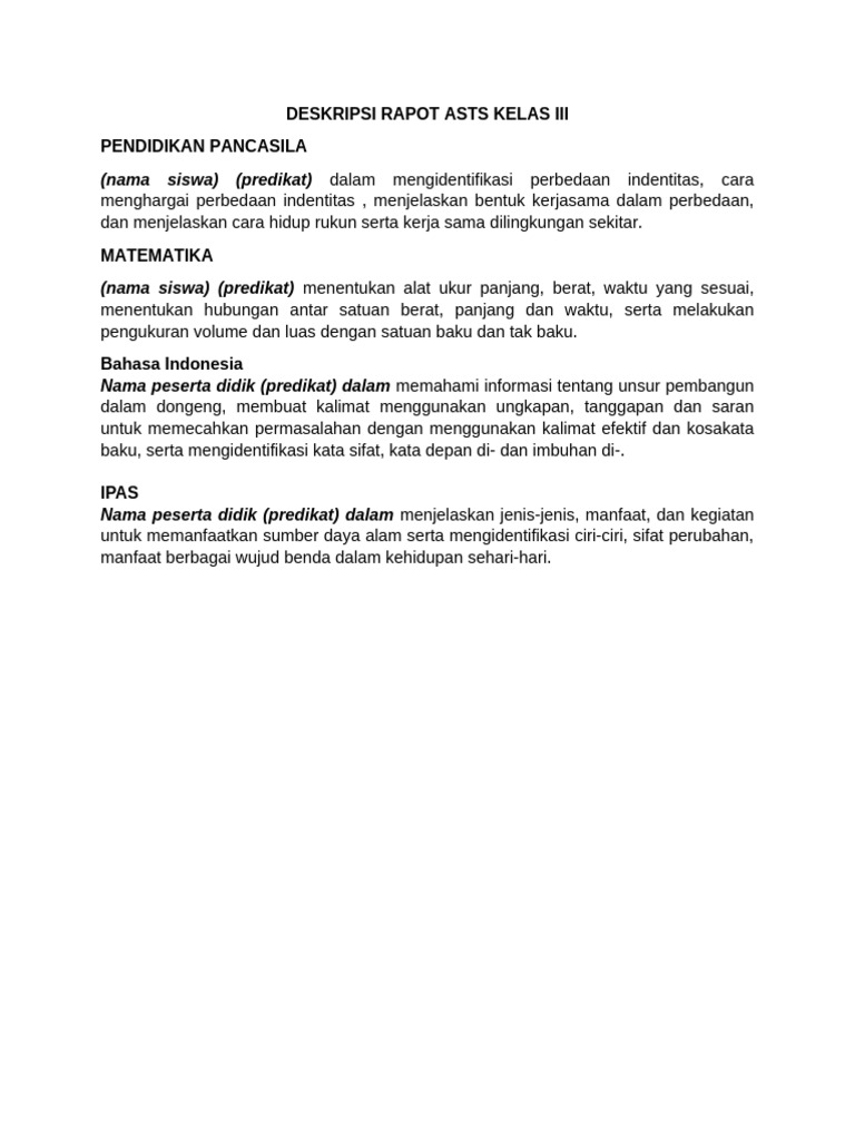 Deskripsi Rapot Asts Kelas Iii | PDF