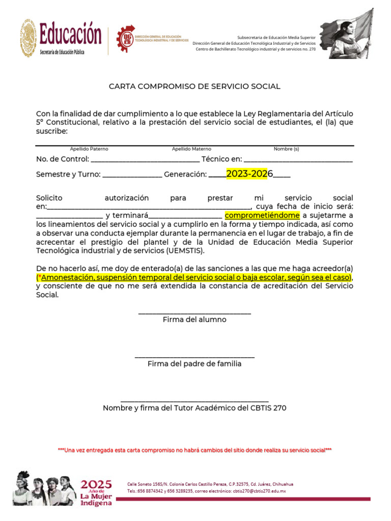 Carta Compromiso Servicio Social CBTIS 270 | PDF