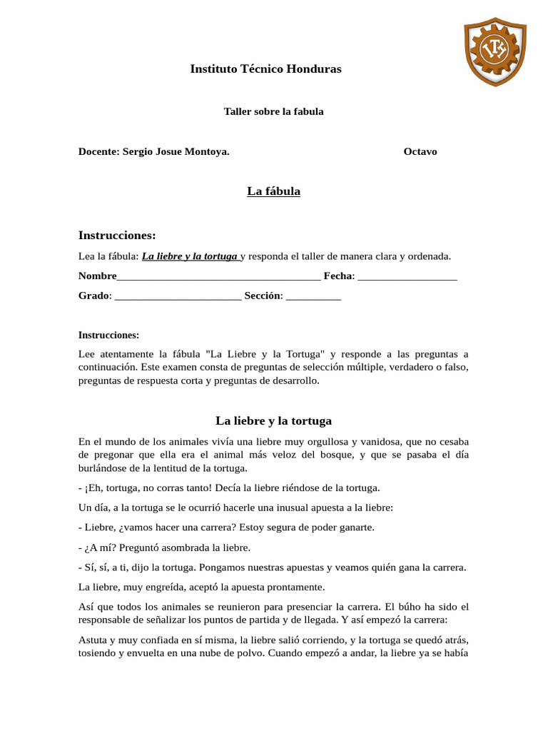 Taller sobre la fábula "La Liebre y la Tortuga" | PDF