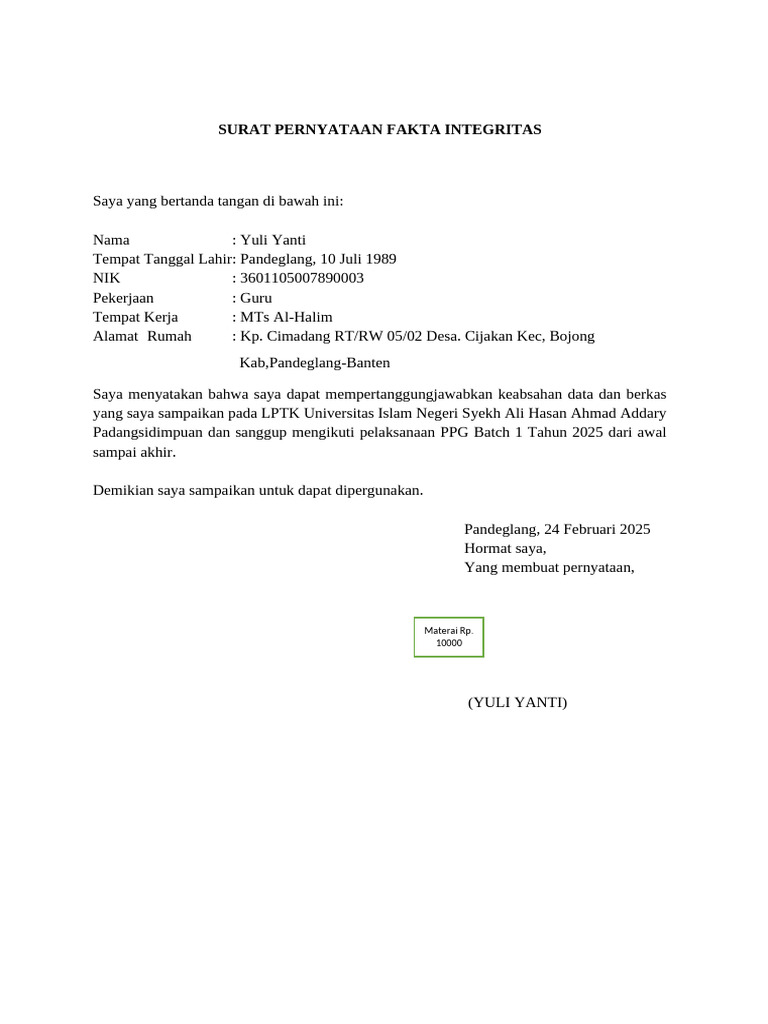 Pernyataan Integritas Yuli Yanti | PDF