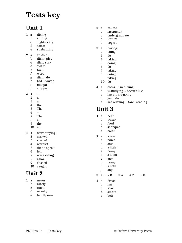 PET Result Tests Key Overview | PDF