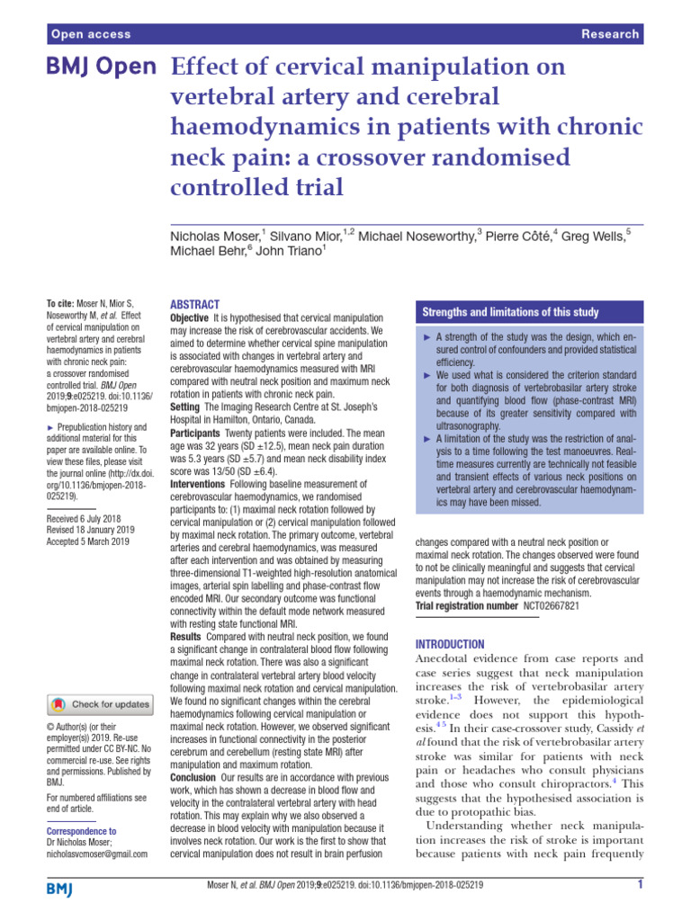 Effect of cervical manipulation on vertebral artery and cerebral ...