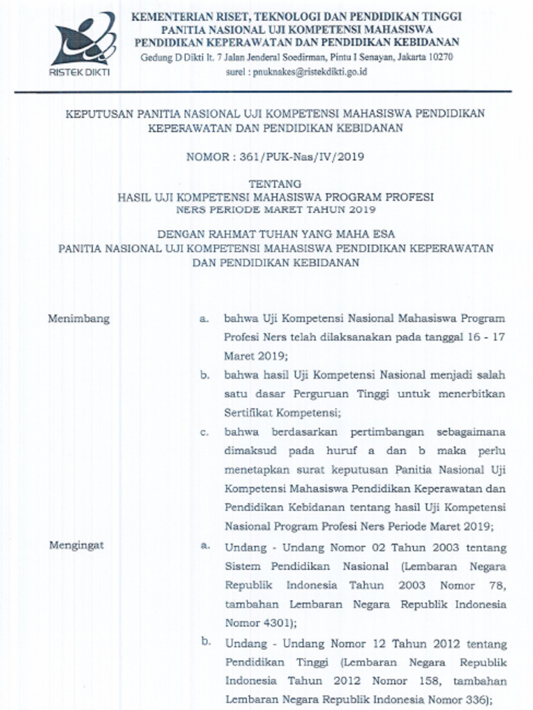 361 - SK Hasil Uji Kompetensi Program PROFESI NERS Maret 2019 | PDF