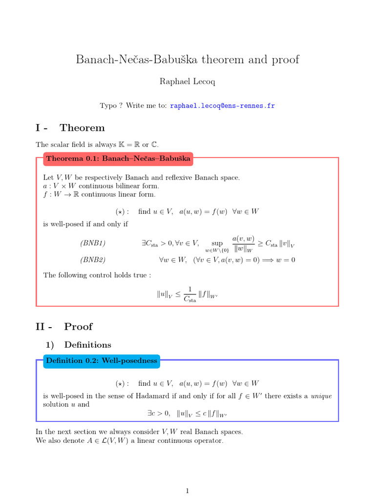 Banach-Nečas-Babuška Theorem Proof | PDF | Banach Space | Functional ...