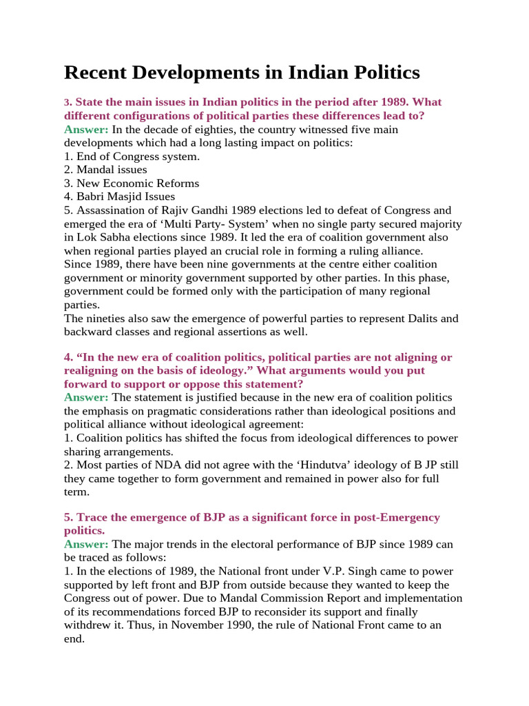Recent Developments in Indian Politics | PDF | Bharatiya Janata Party ...