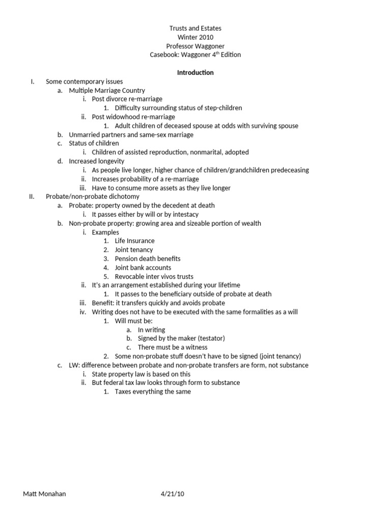 T&E Outline (Winter 2010) | PDF | Will And Testament | Probate