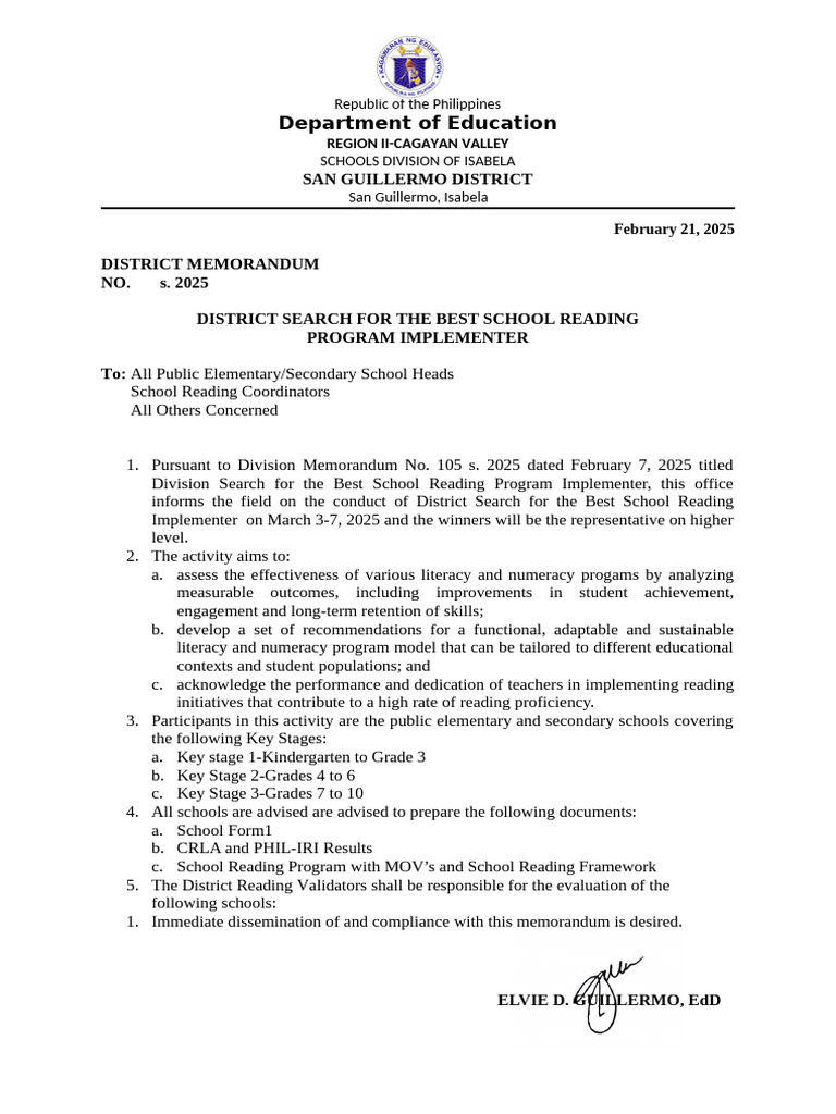 District Memo On Reading | PDF | Pedagogy | Reading (Process)