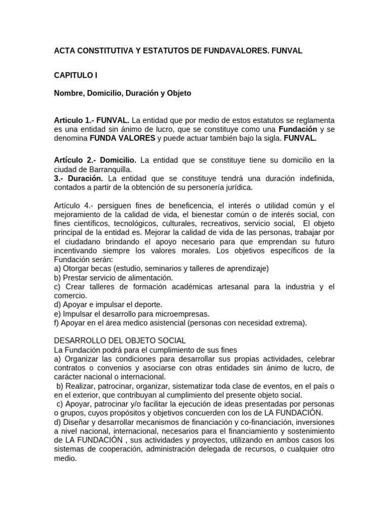 Estatutos de FUNDA VALORES (FUNVAL) | PDF | Fundación (sin fines de ...